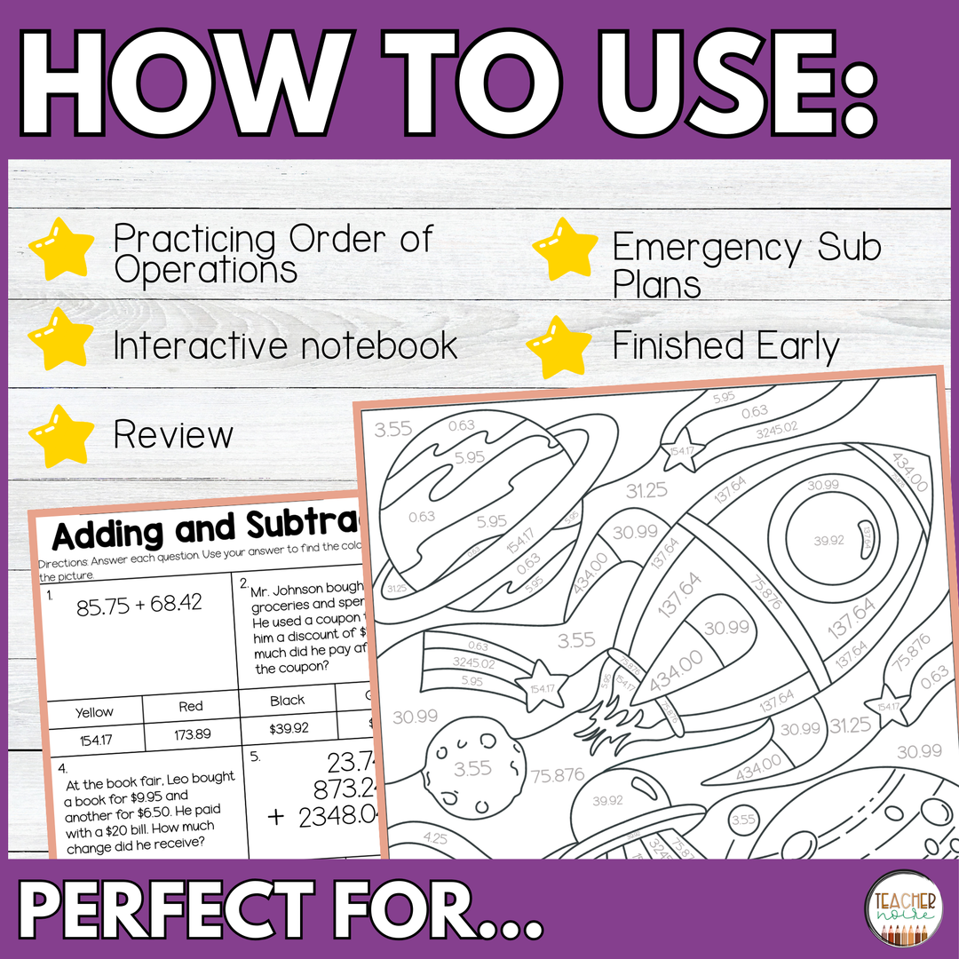 Adding & Subtracting Decimals Color by Number – Teacher Noire