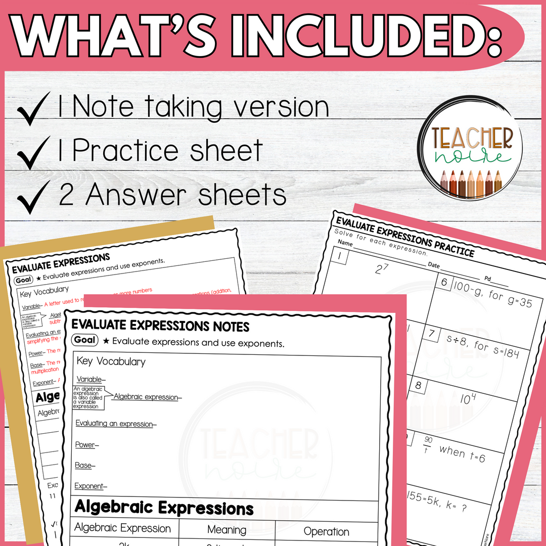 Evaluating the Expressions Guided Notes – Teacher Noire