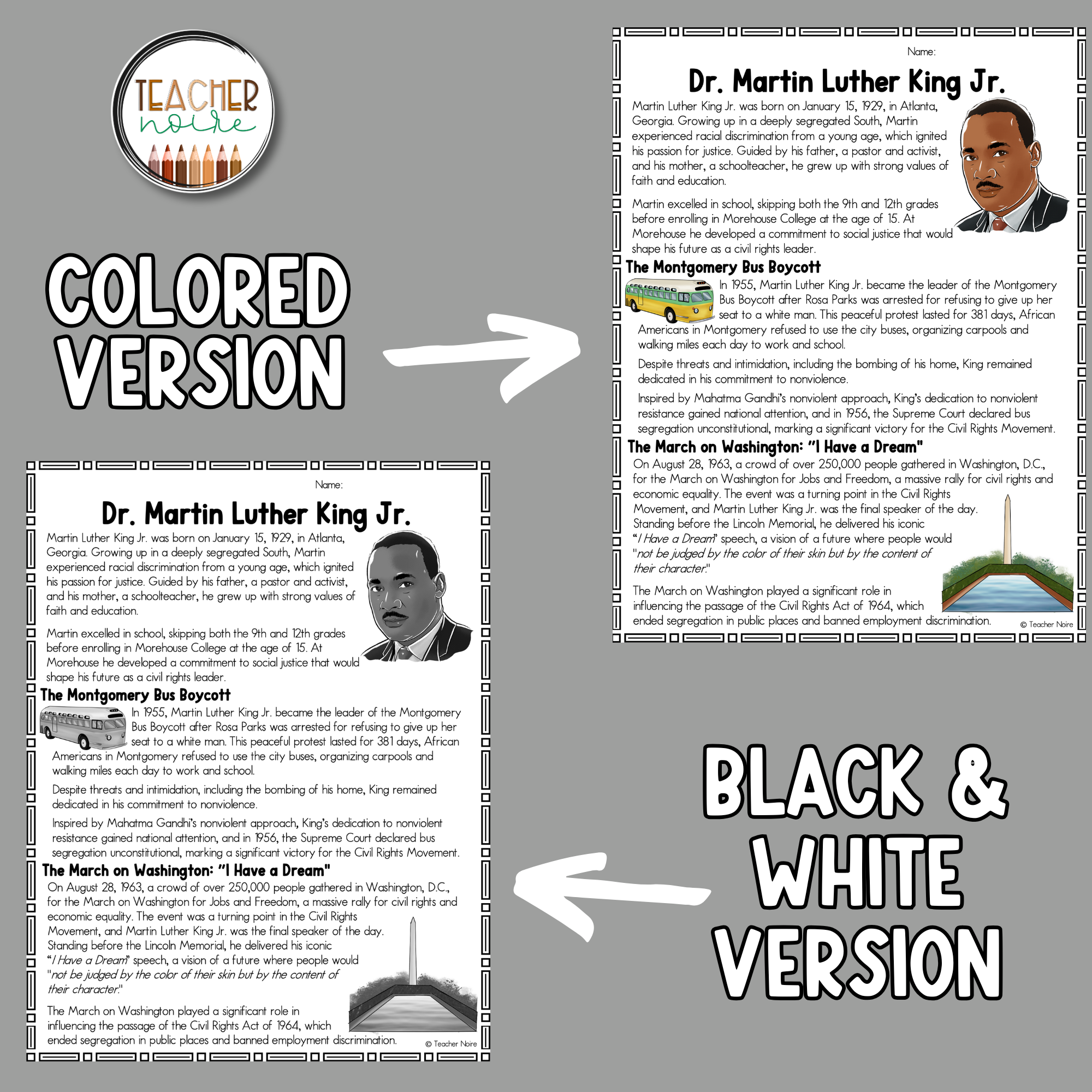 Martin Luther King Jr Reading Passage Project – Teacher Noire
